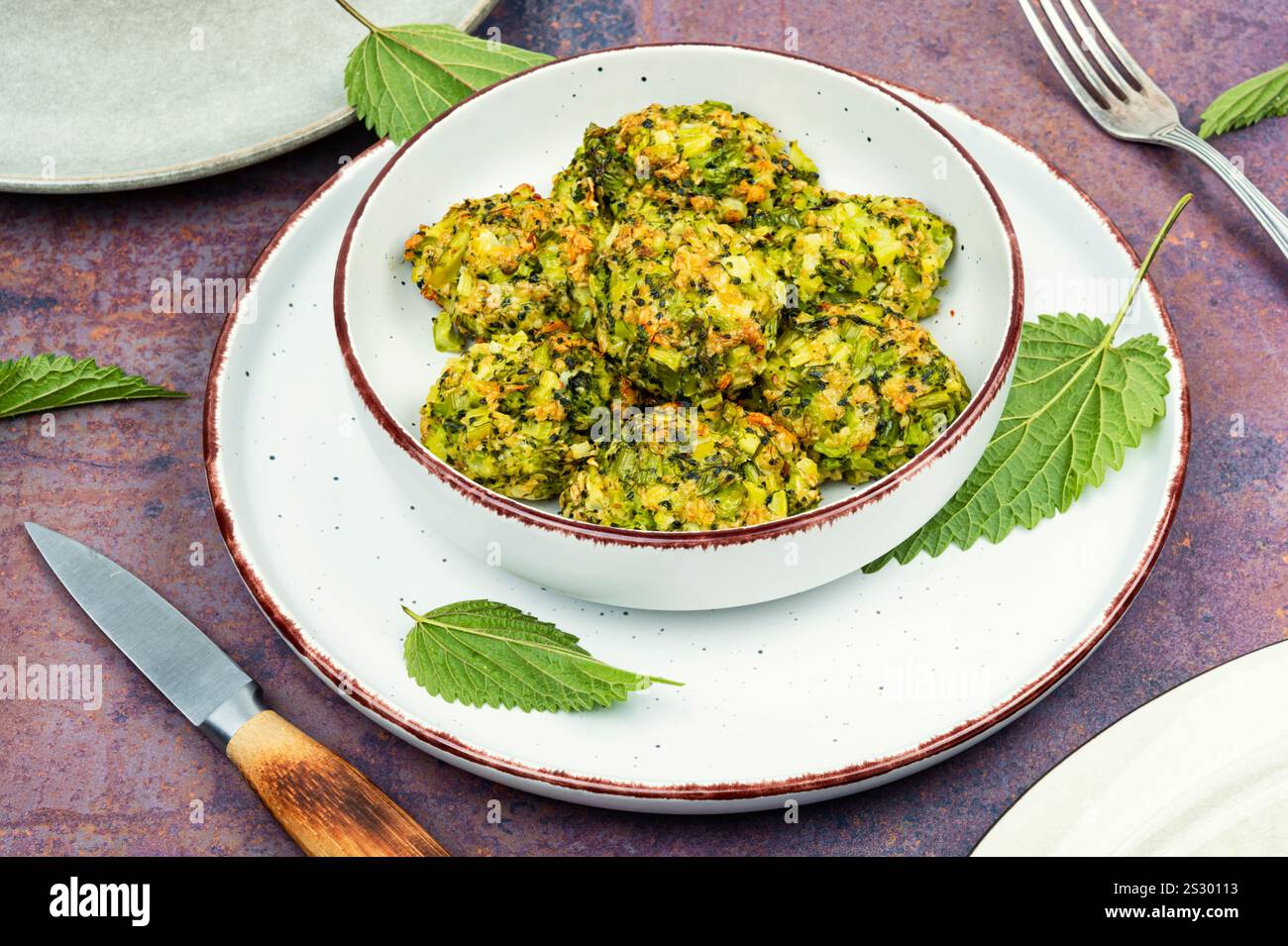 Vegetarian vegan cutlets of stinging nettles leaves and broccoli. Fried ...