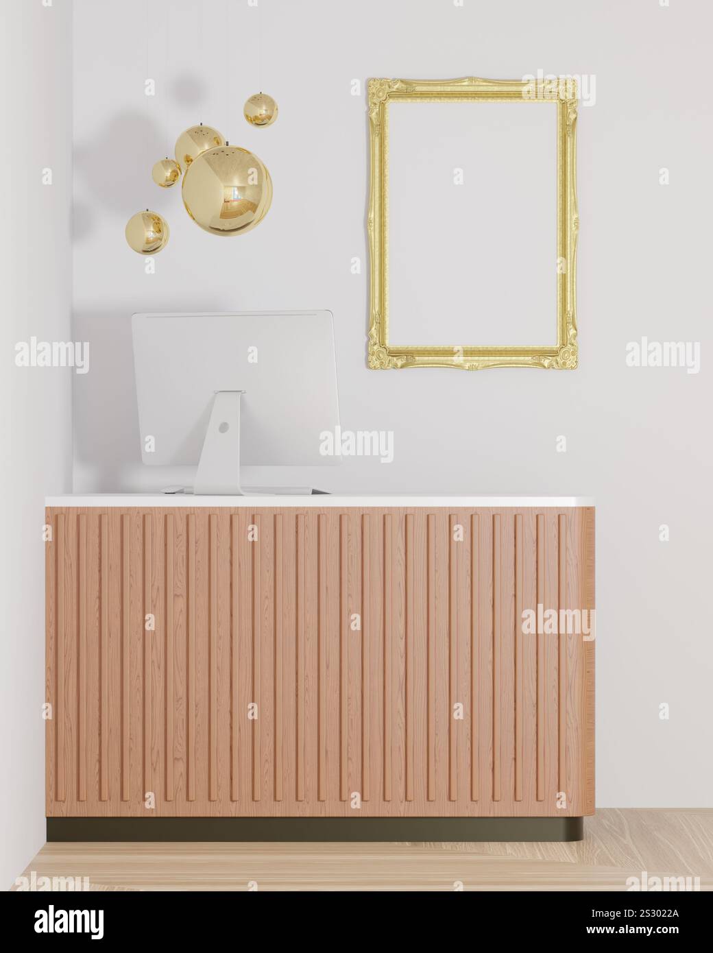 3D illustration mockup blank photo frame on the wall in reception ...