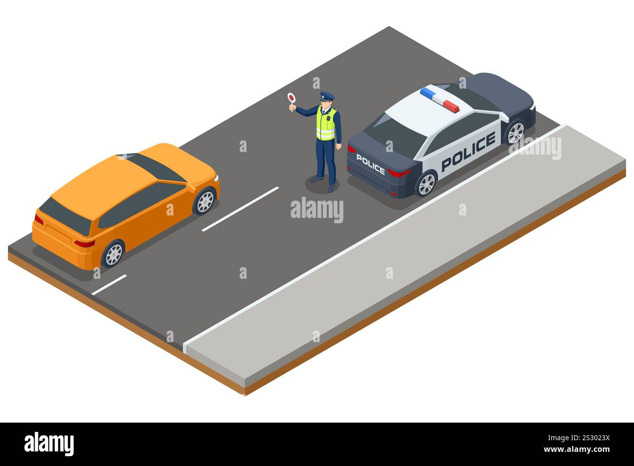 A police officer halts an orange car for a routine road check. A police ...