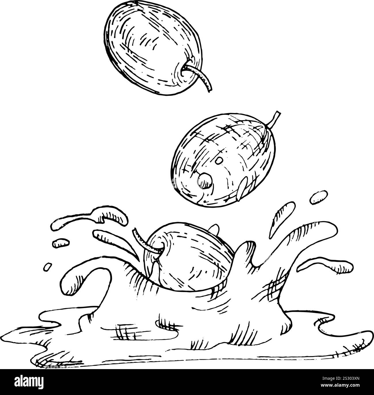 Olives with and without pits and splashes of olive oil, black and white ...