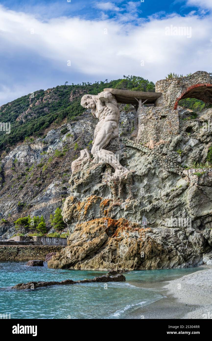 Statue of the Giant at western end of public beach of Monterosso al ...