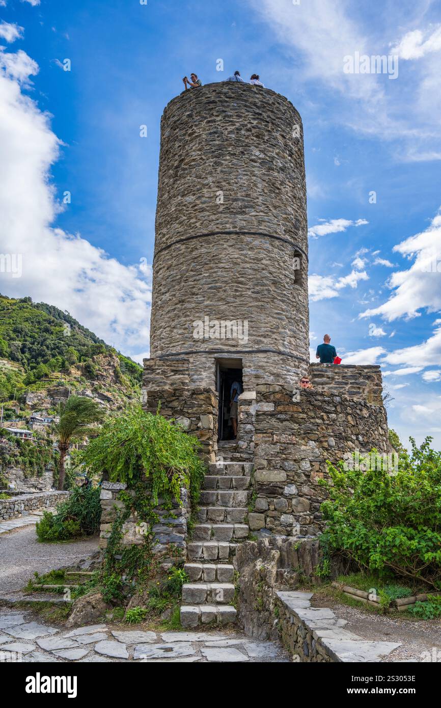 Lookout tower at Doria Castle on hilltop above coastal village of ...