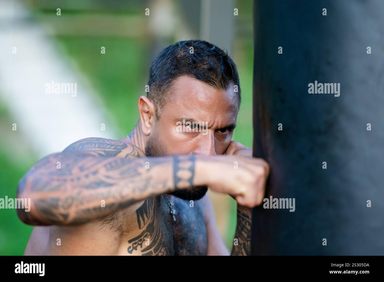Man boxer. Sweat flies, fists collide. Mans fight. Breath heavy ...