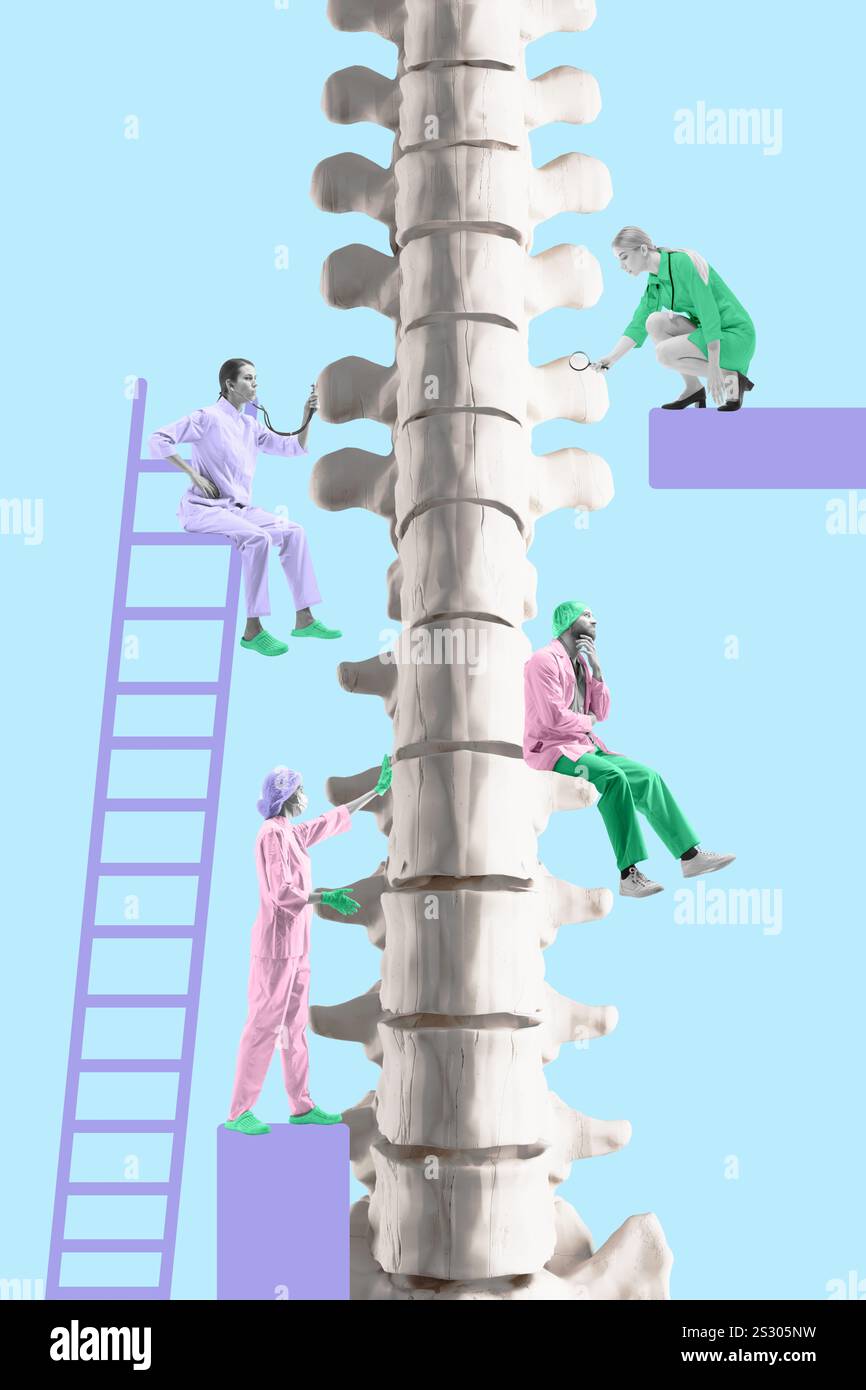 Doctors, scientists dressed in pastel lab coats, interact with large spinal column model ...