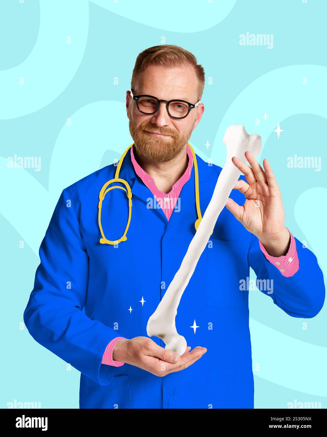 Male doctor wearing glasses and blue lab coat presenting white femur ...