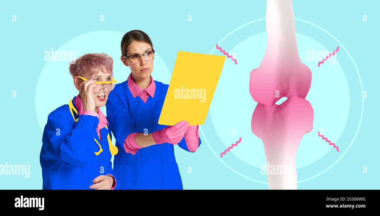 Two female doctors in blue lab coats analyze chart while examining ...