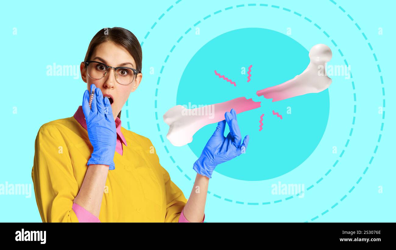 Surprised female doctor examines broken bone model, emphasizing the ...