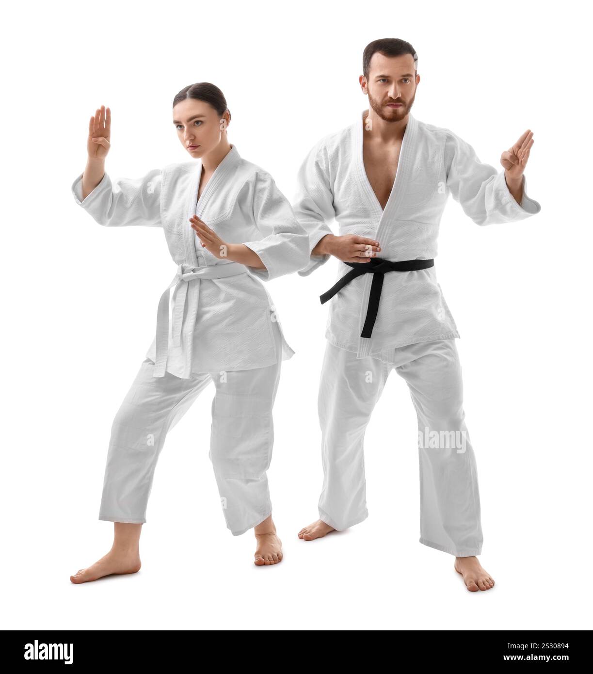 Karate fighters in uniform on white background Stock Photo - Alamy