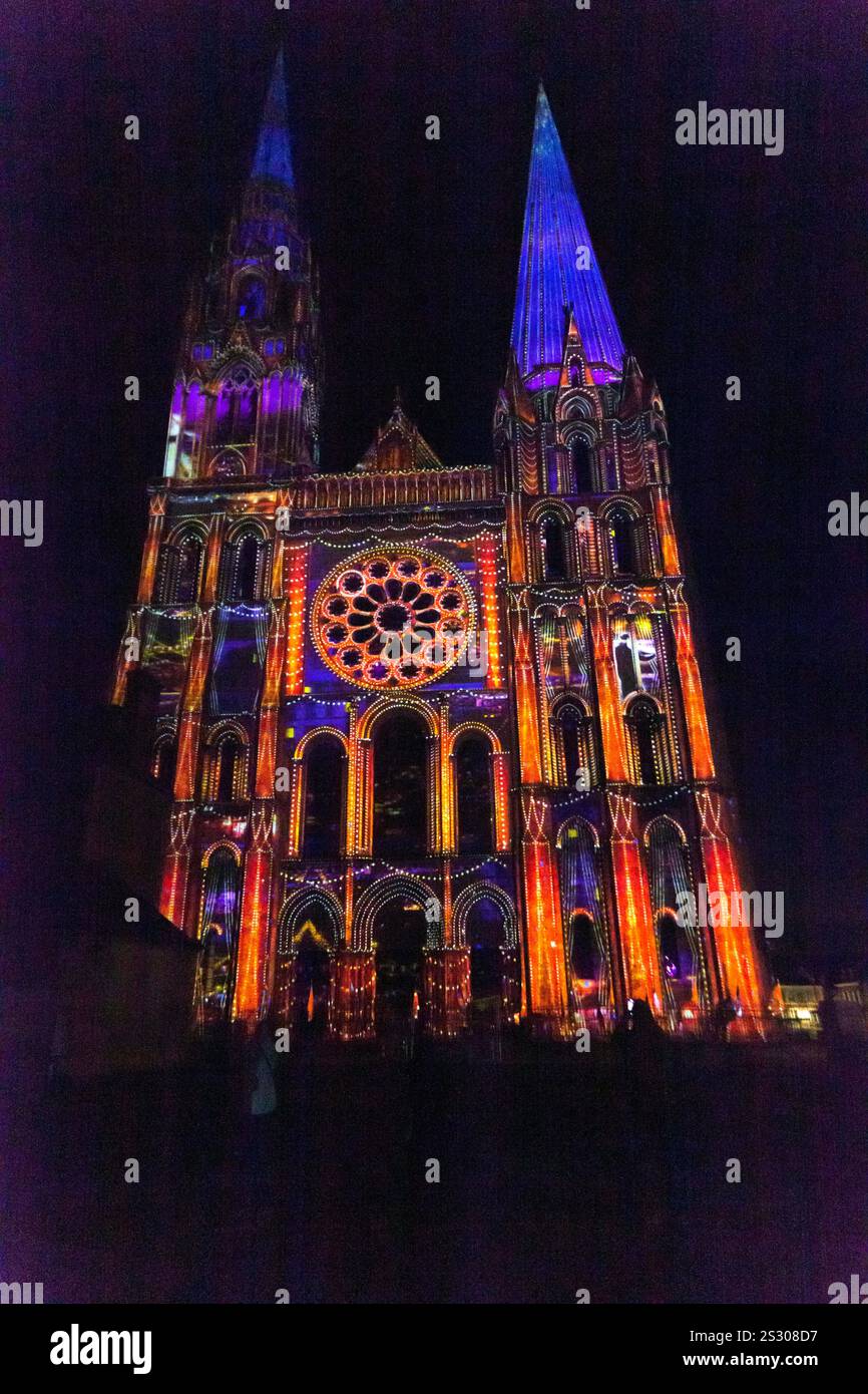 The front elevation of Notre-Dame de Chartres Cathedral illuminated ...