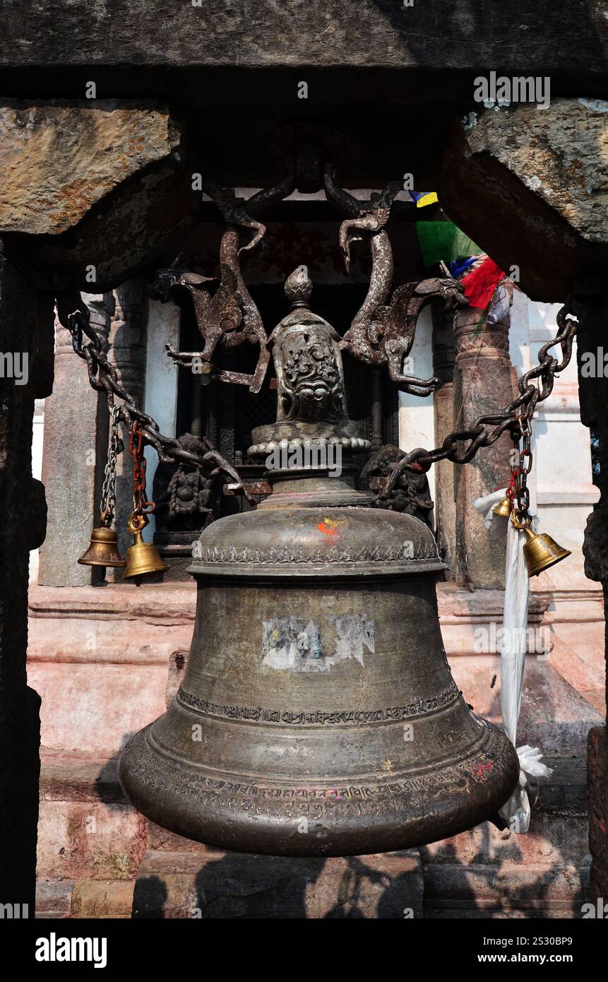 Antique metal big holy bell at Swayambhunath ancient pagoda in Monkey ...