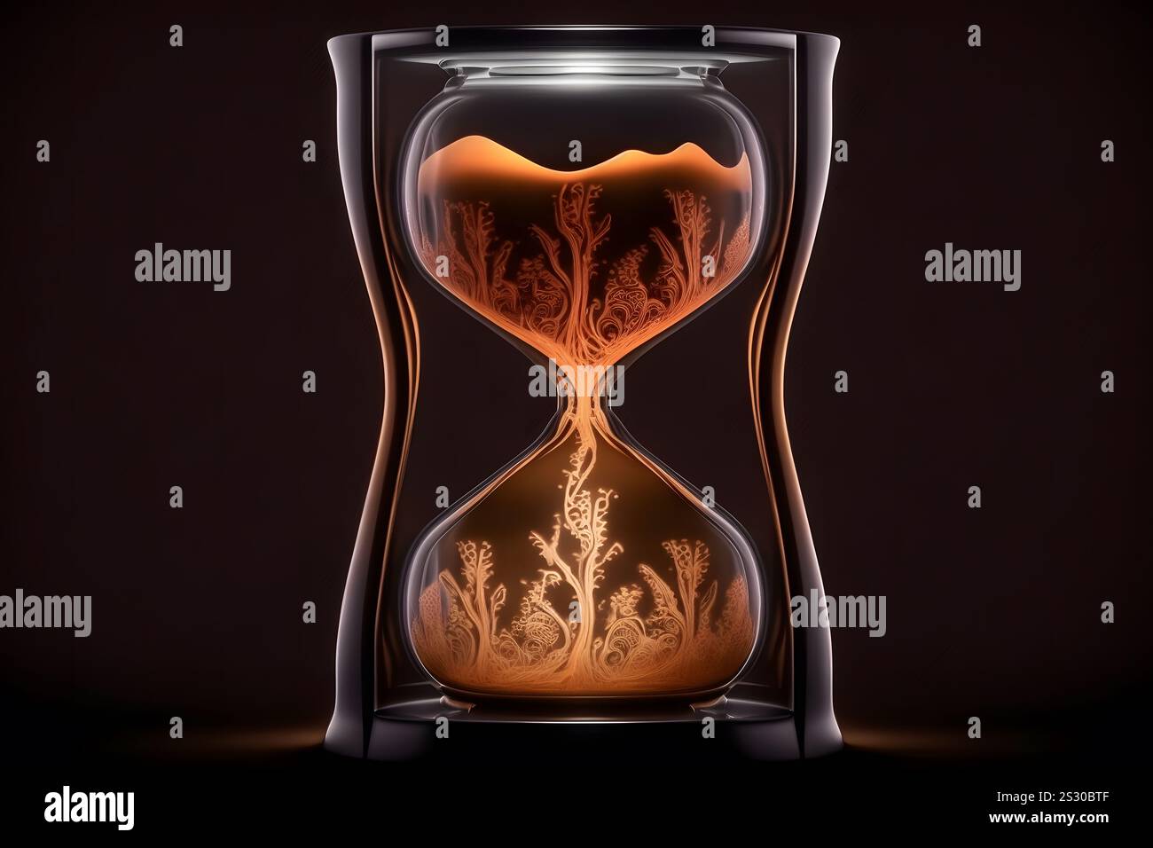 Sand running through the bulbs of an hourglass measuring the passing ...