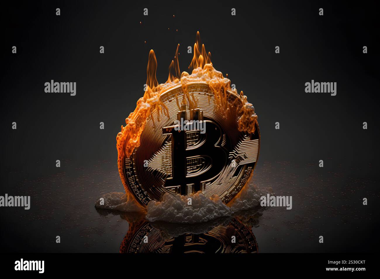Melted bitcoin on fire flame on black background. Neural network AI ...