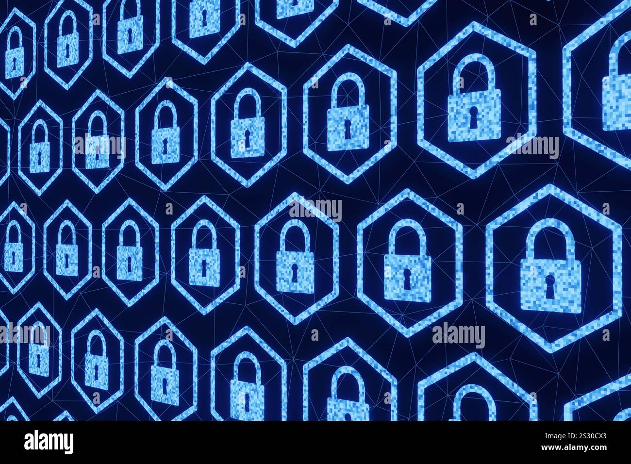 Digital pixelated display of rows of padlocks in a hexagonal cell in ...