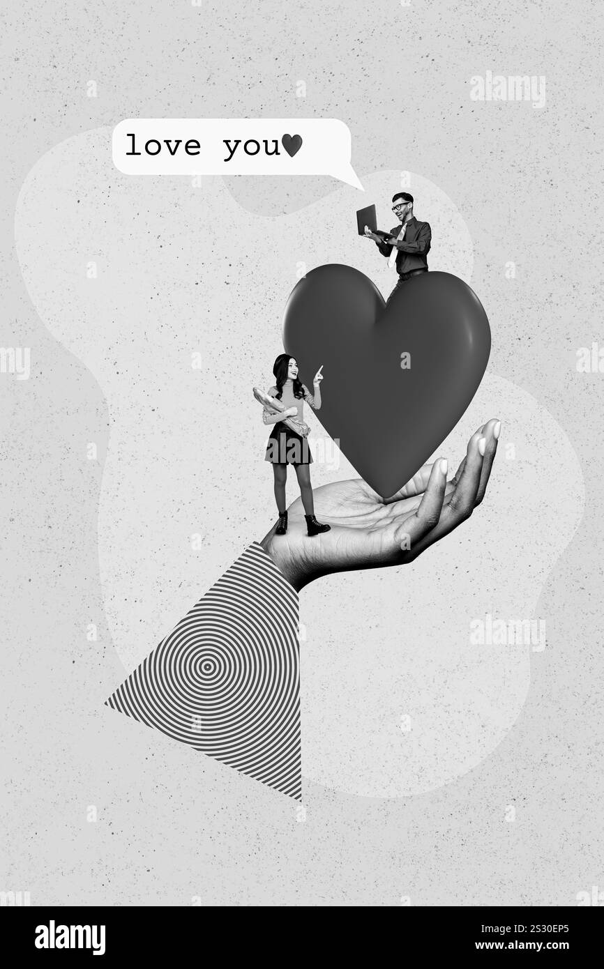 Vertical collage image of big black white gamma arm palm hold red heart ...