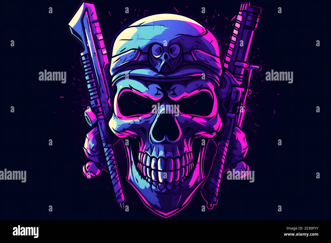 Purple punk cyber human skull with weapon. Neural network AI generated ...