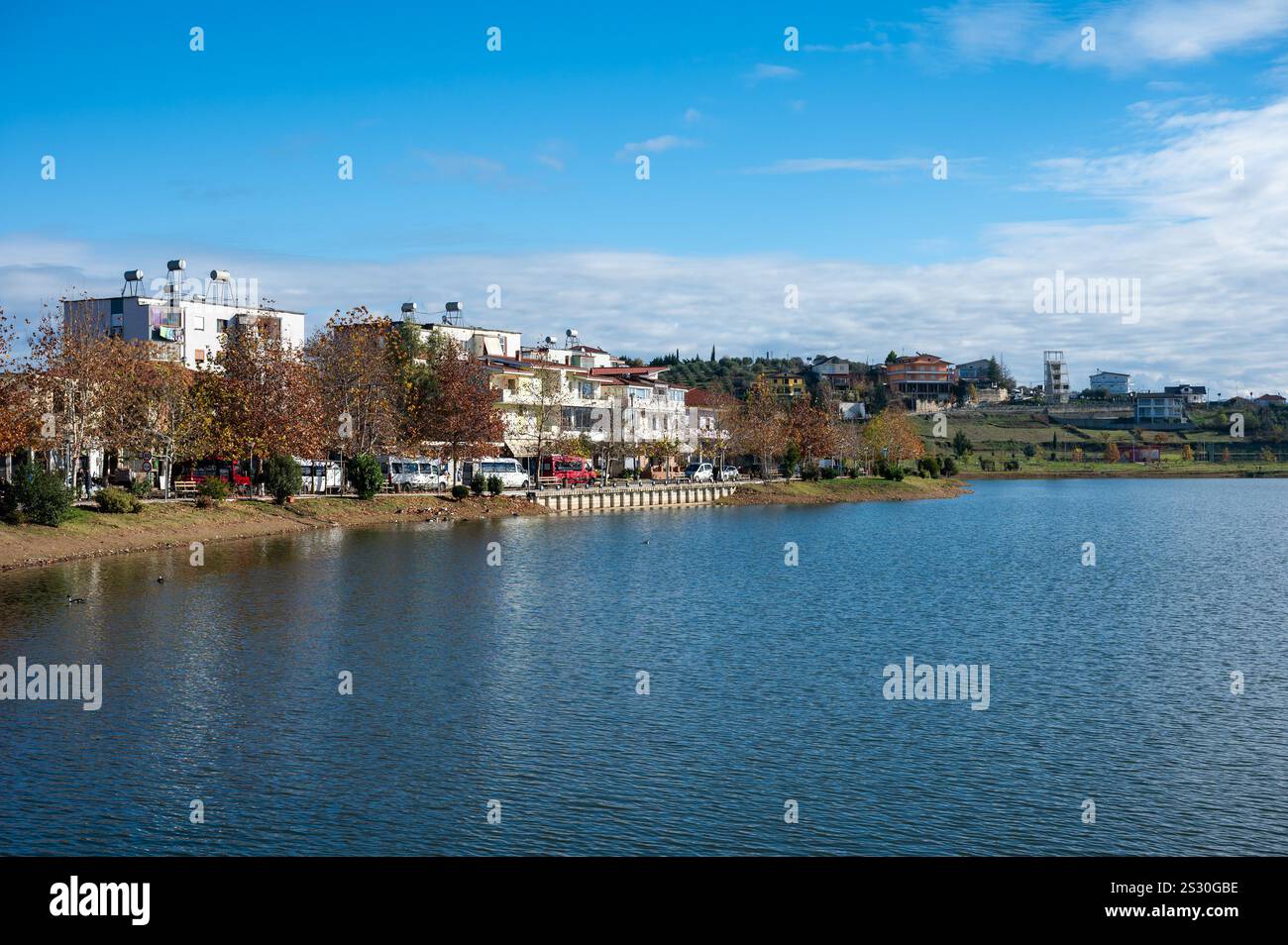 Recreation zone at the touristical Belshi Lake, Albania, DEC 11, 2024 ...