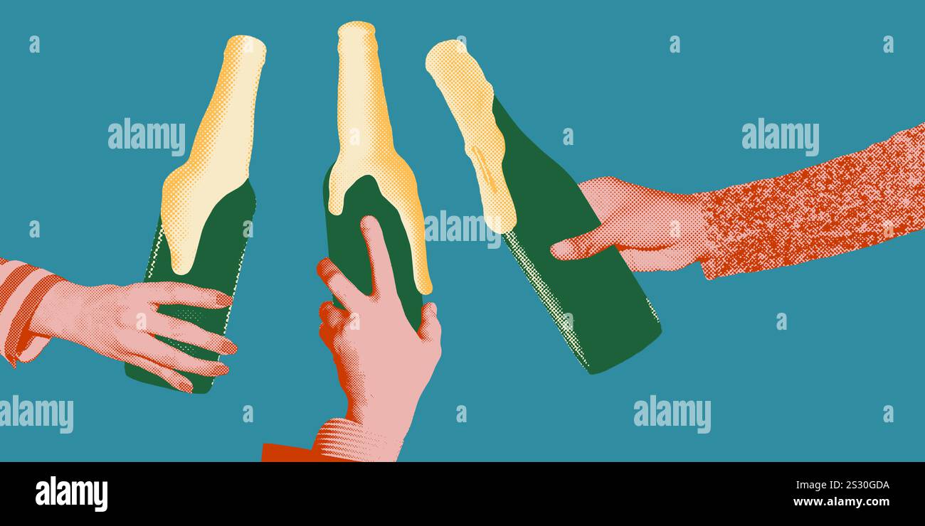 Digital design. Three hands holding green beer bottles with frothy ...