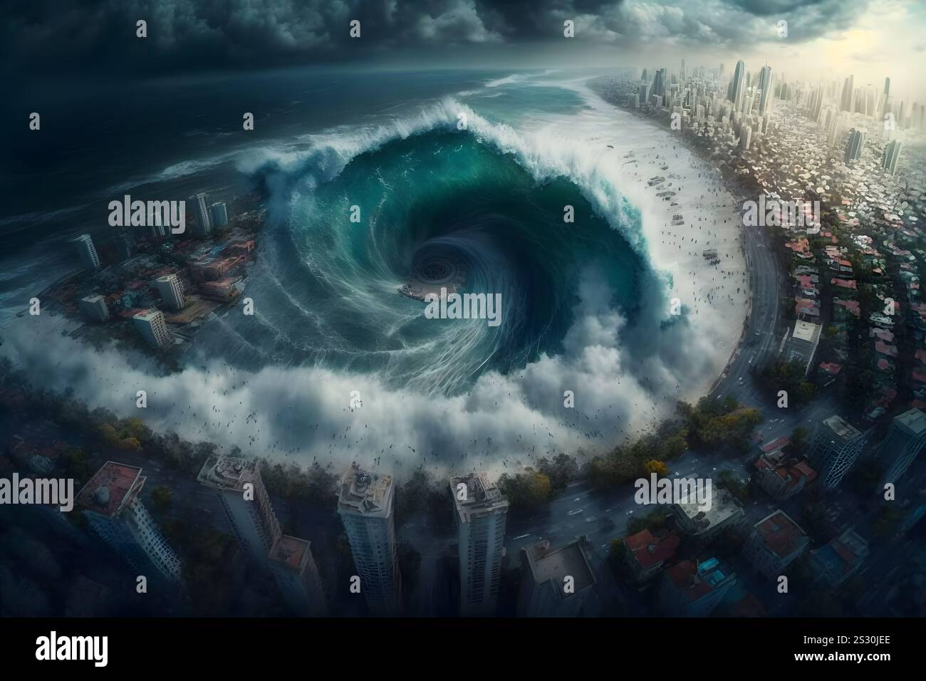 Tsunami wave apocalyptic water view urban flood Storm. Neural network ...
