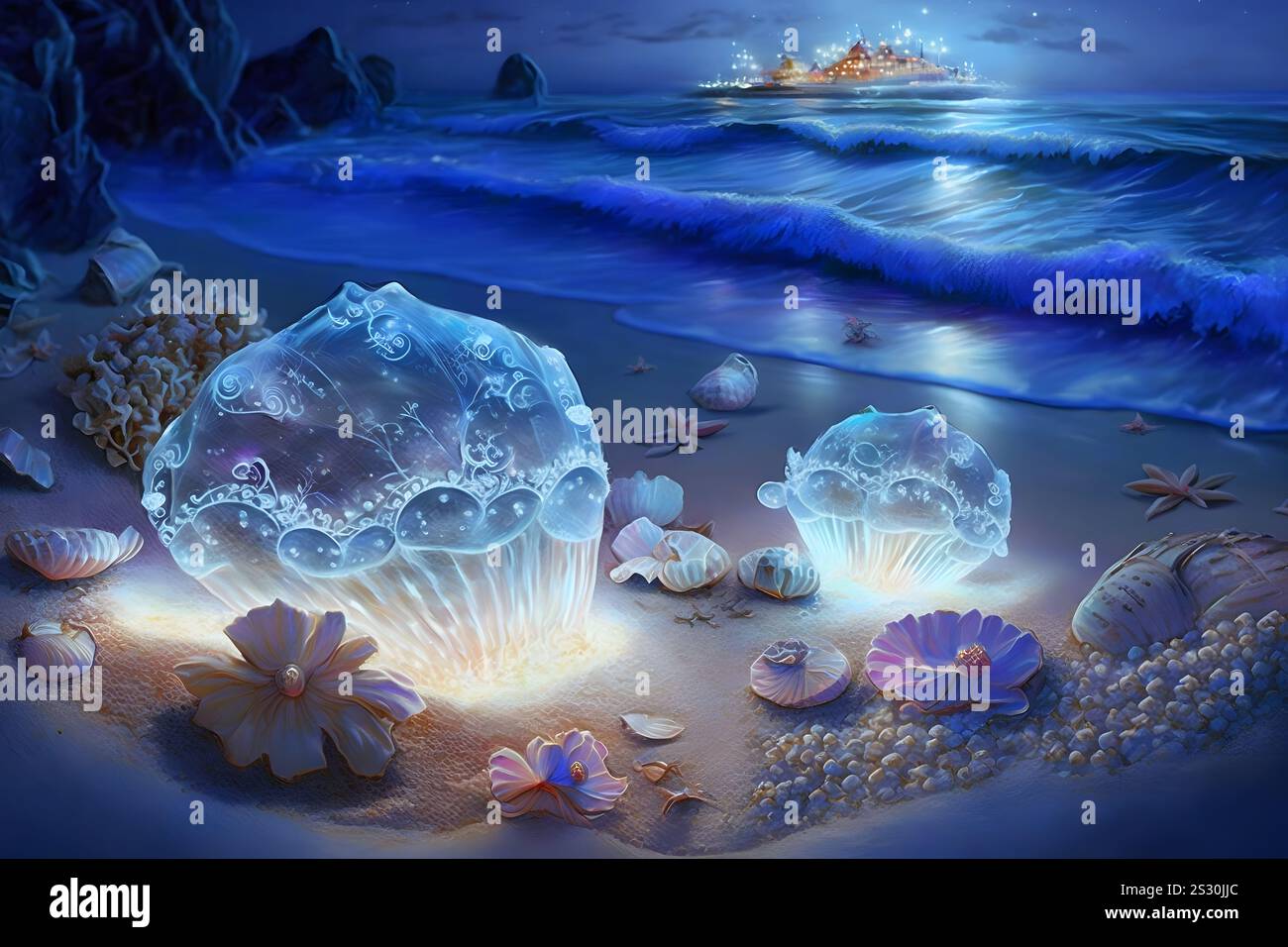 Fantasy night seascape with magic seashells. Neural network AI ...