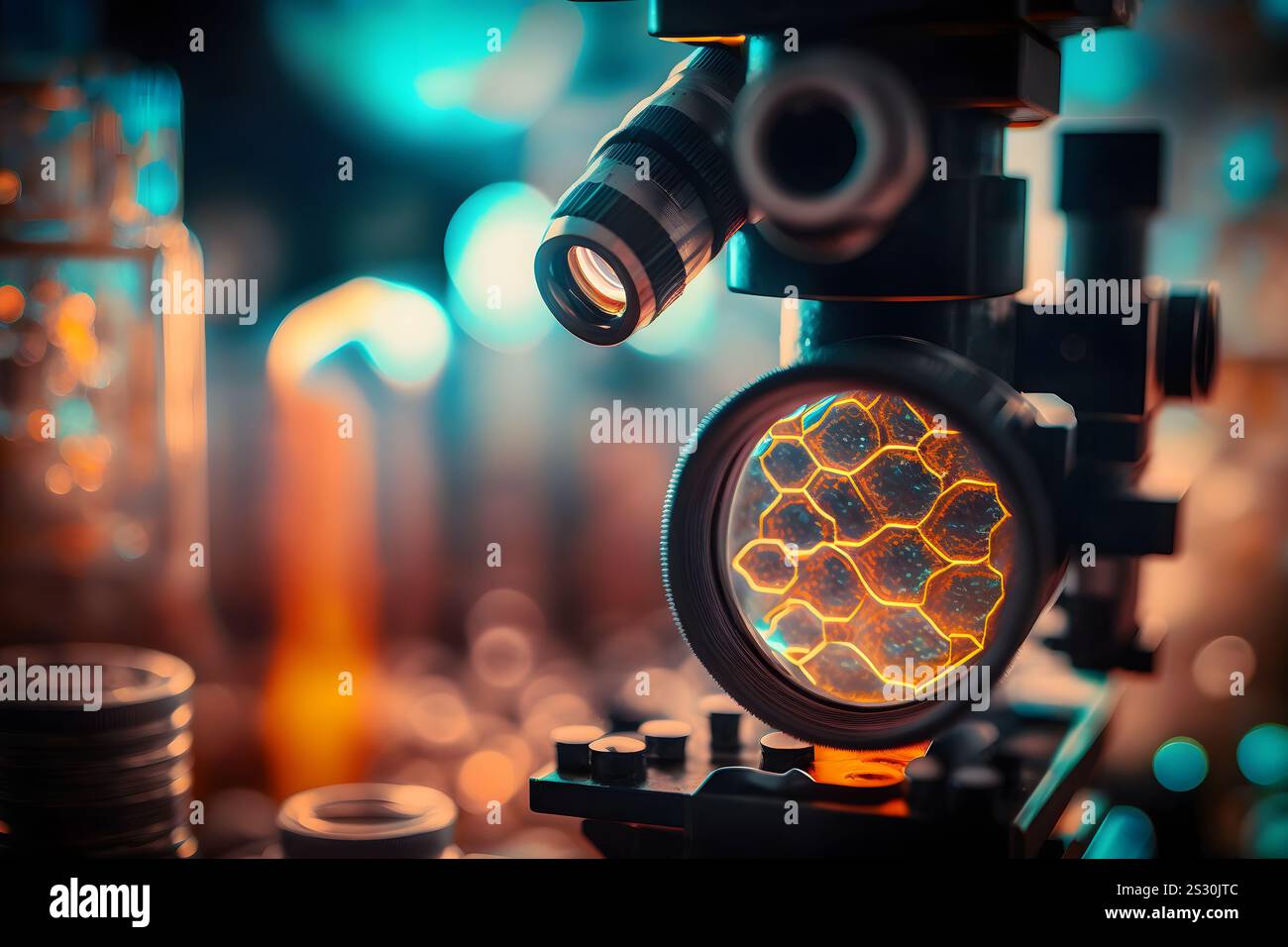 Close-up shot of microscope with metal lens at laboratory. Neural ...