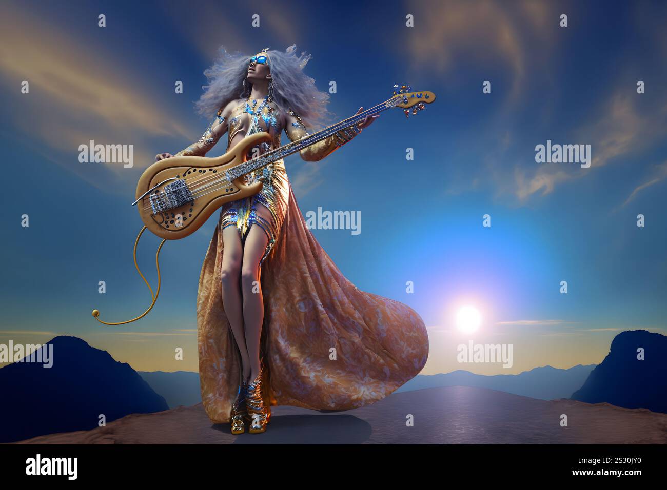 Beautiful rock star woman with electric guitar. Neural network AI ...