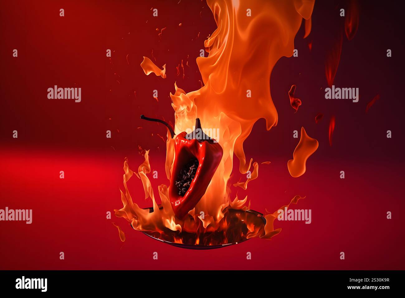 Fresh red chilli pepper in fire as a symbol of burning feeling of spicy ...