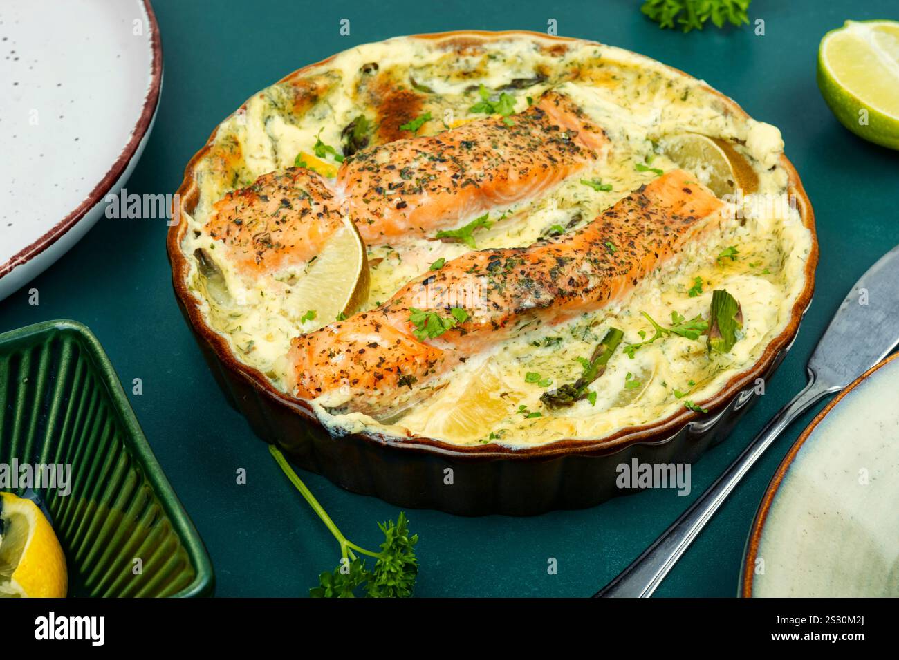 Healthy eating, salmon gratin in casserole dish. Fish gratin Stock ...