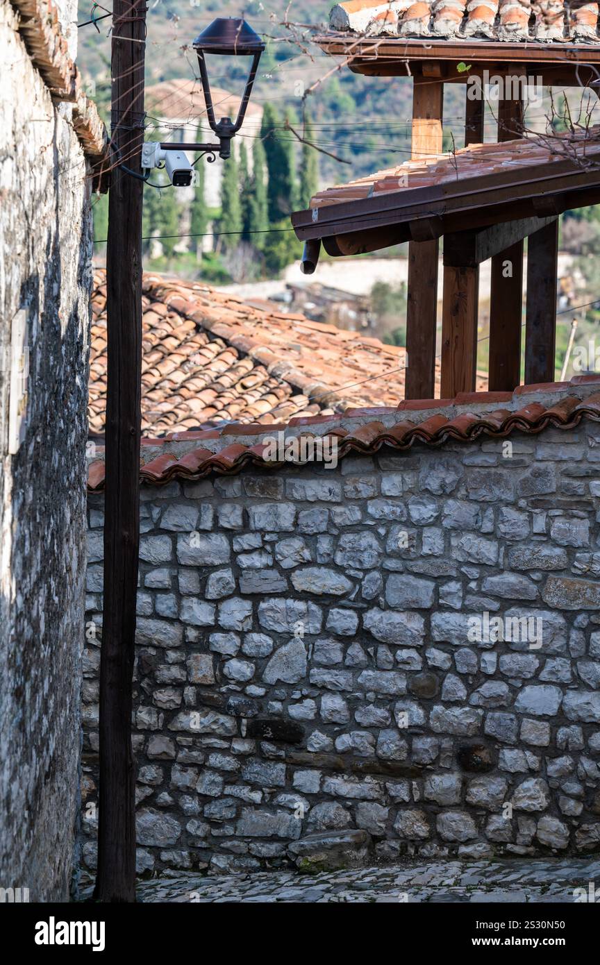 Detail of alley and brick stone wall at the castle of Berat, Albania ...