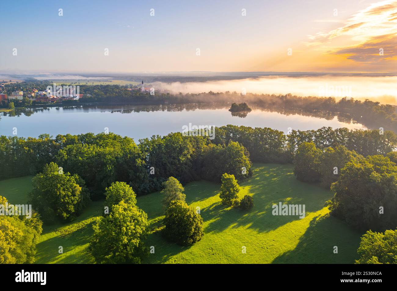 An enchanting aerial perspective of Trebon reveals the town shrouded in ...