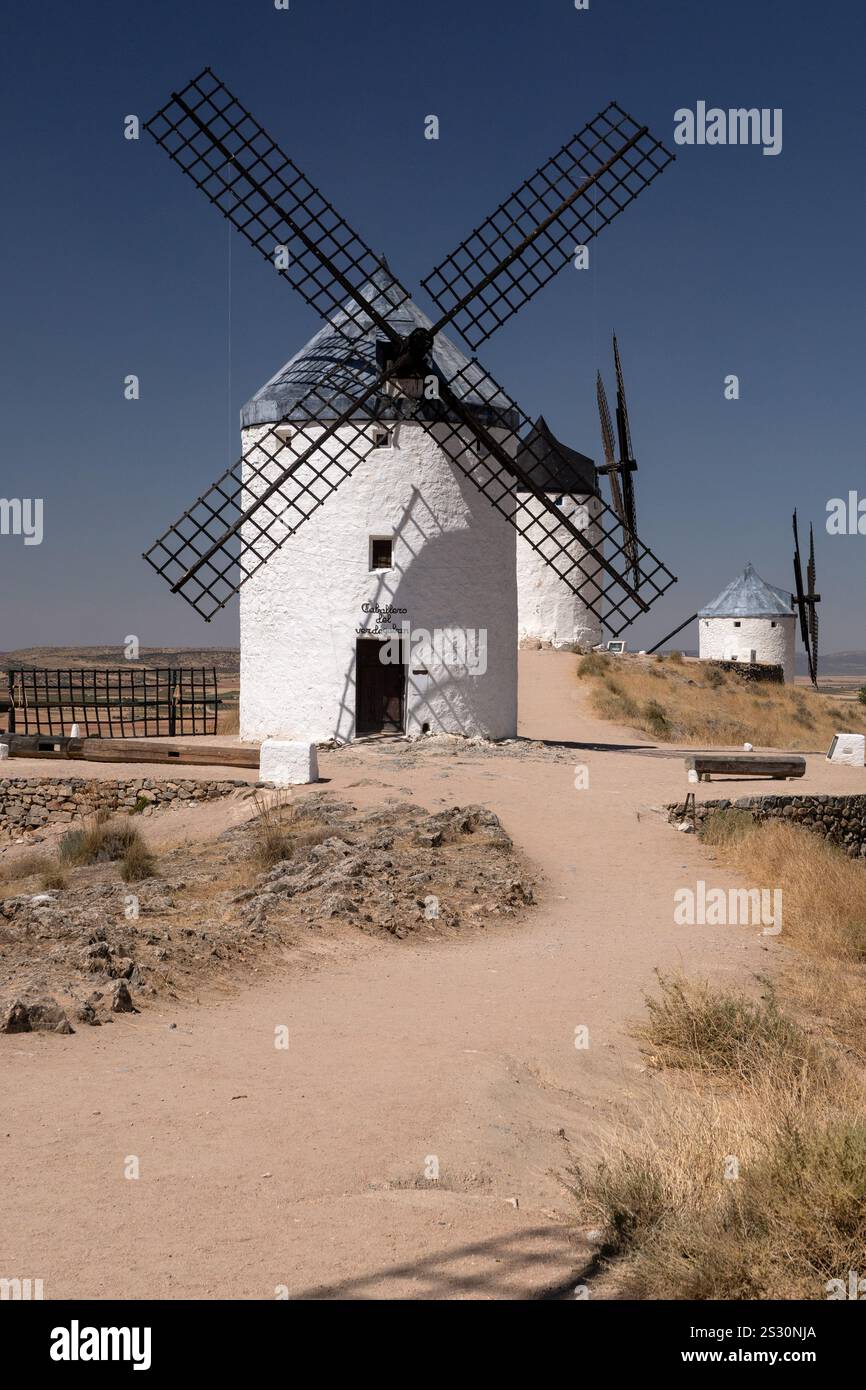Traditional white windmills on the top of the hill in Consuegra, Spain ...