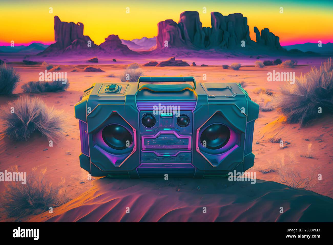 Vintage radio boombox in the desert, retrowave, synthwave. Neural ...