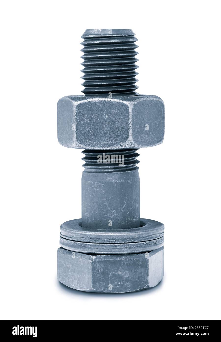 Big power bolt assembly with a washer and a nut stands on a head ...