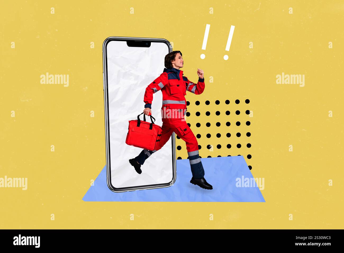 Exclusive art collage of happy ambulance doctor run emergency call ...