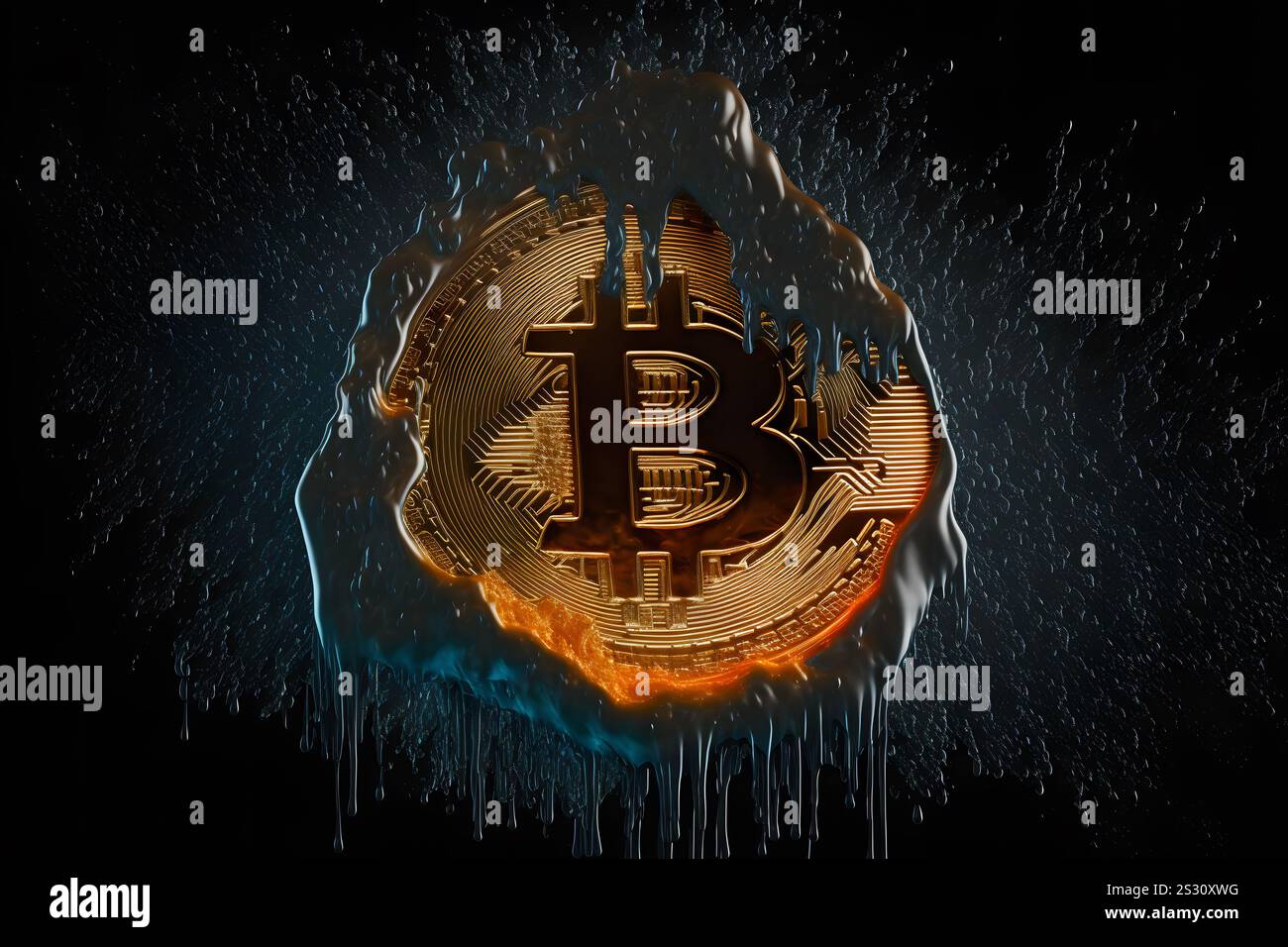Melted bitcoin on fire flame on black background. Neural network AI ...