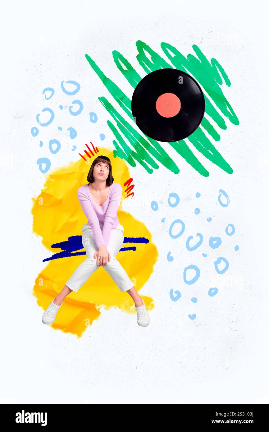 Vertical collage poster young woman disco record vinyl plate music ...