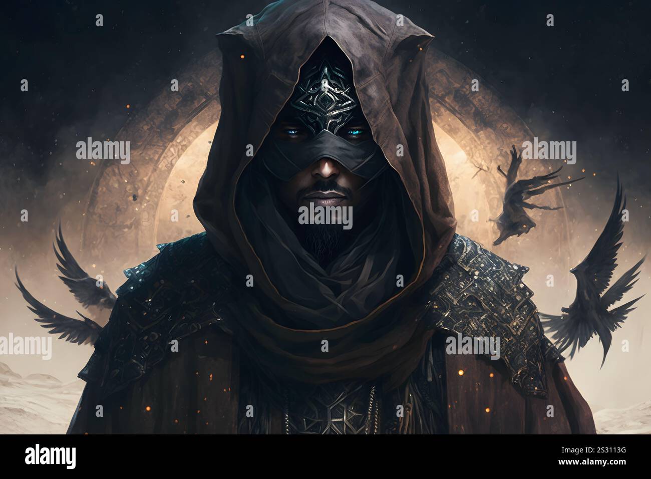 Arabic warrior assassin portrait against a dark background. Neural ...