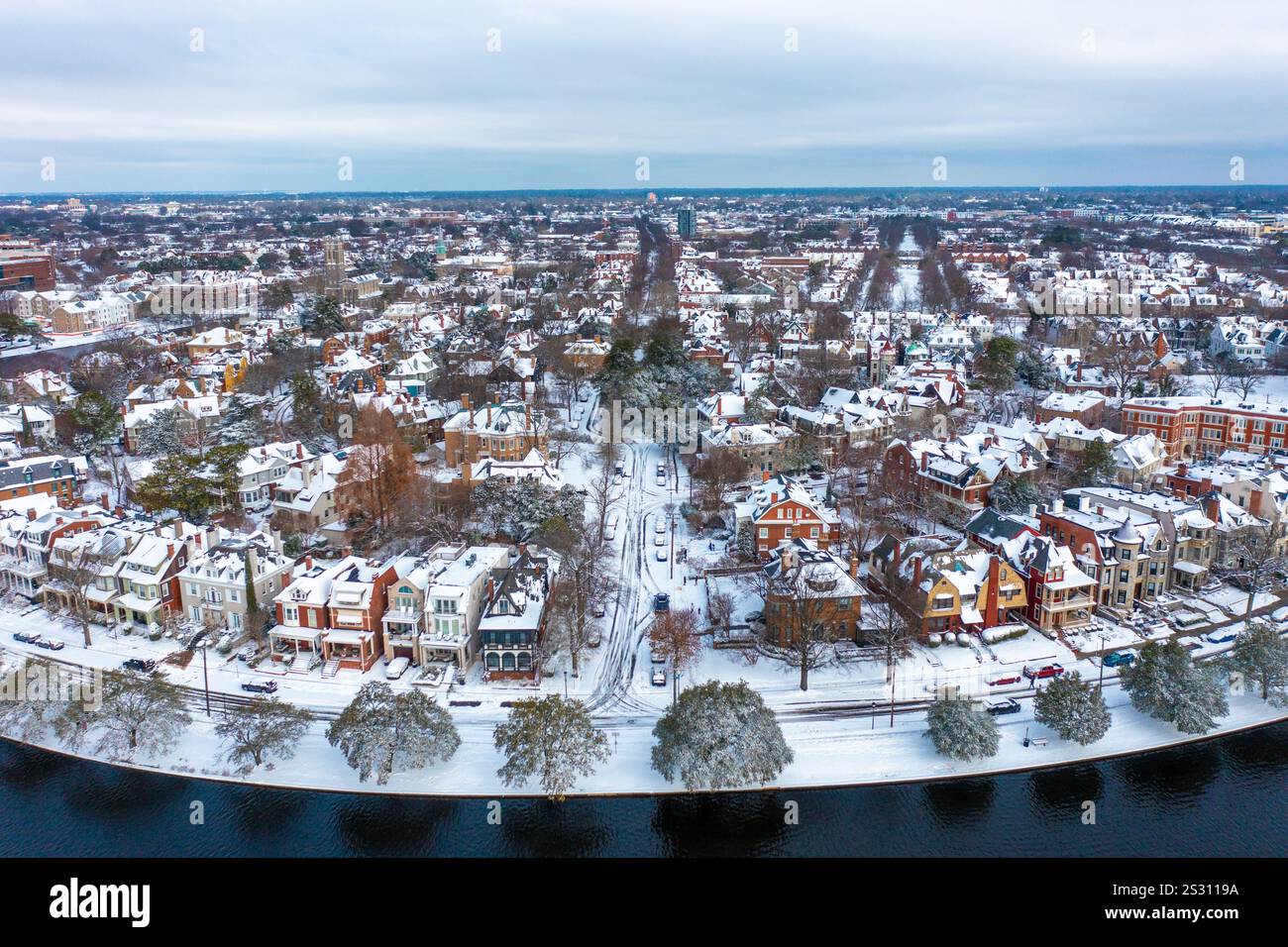 Aerial View of snow in Norfolk's Ghent Neighborhood looking North Stock ...