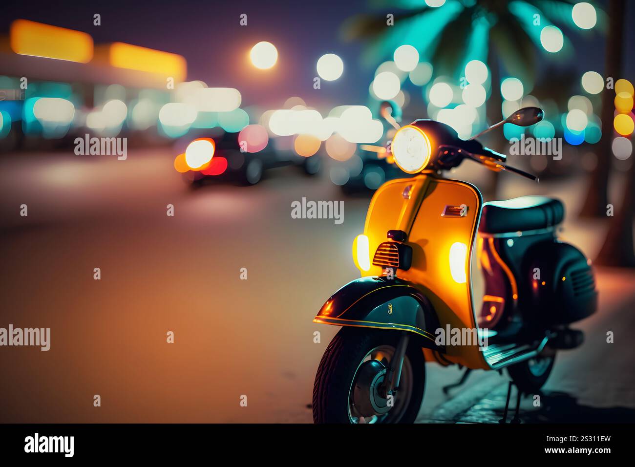 Scooter moped at ocean drive miami beach at night with neon lights from ...