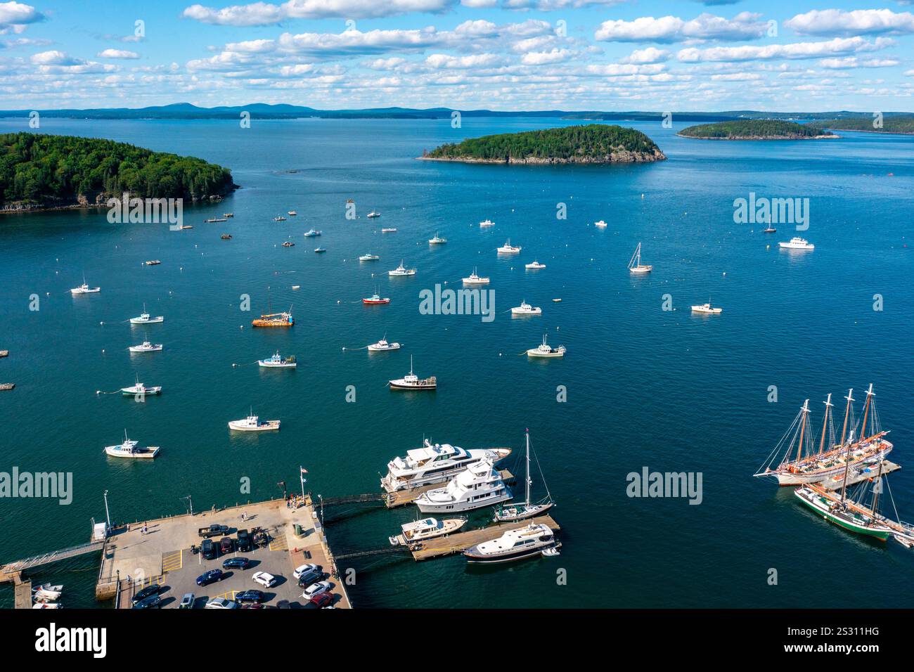 Aerial View of boats anchored offshore in Bar Harbor Maine Stock Photo ...