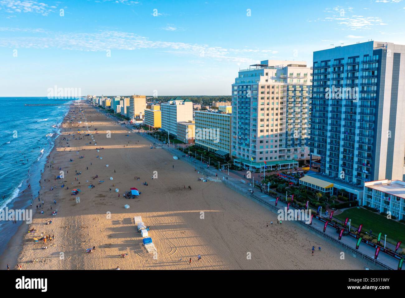 Aerial view of the Virginia Beach oceanfront looking south at sunset ...