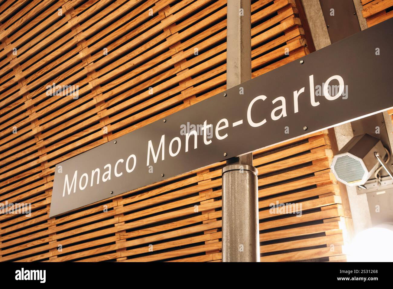 Monte Carlo railway station in Monaco, sign with the name Stock Photo ...