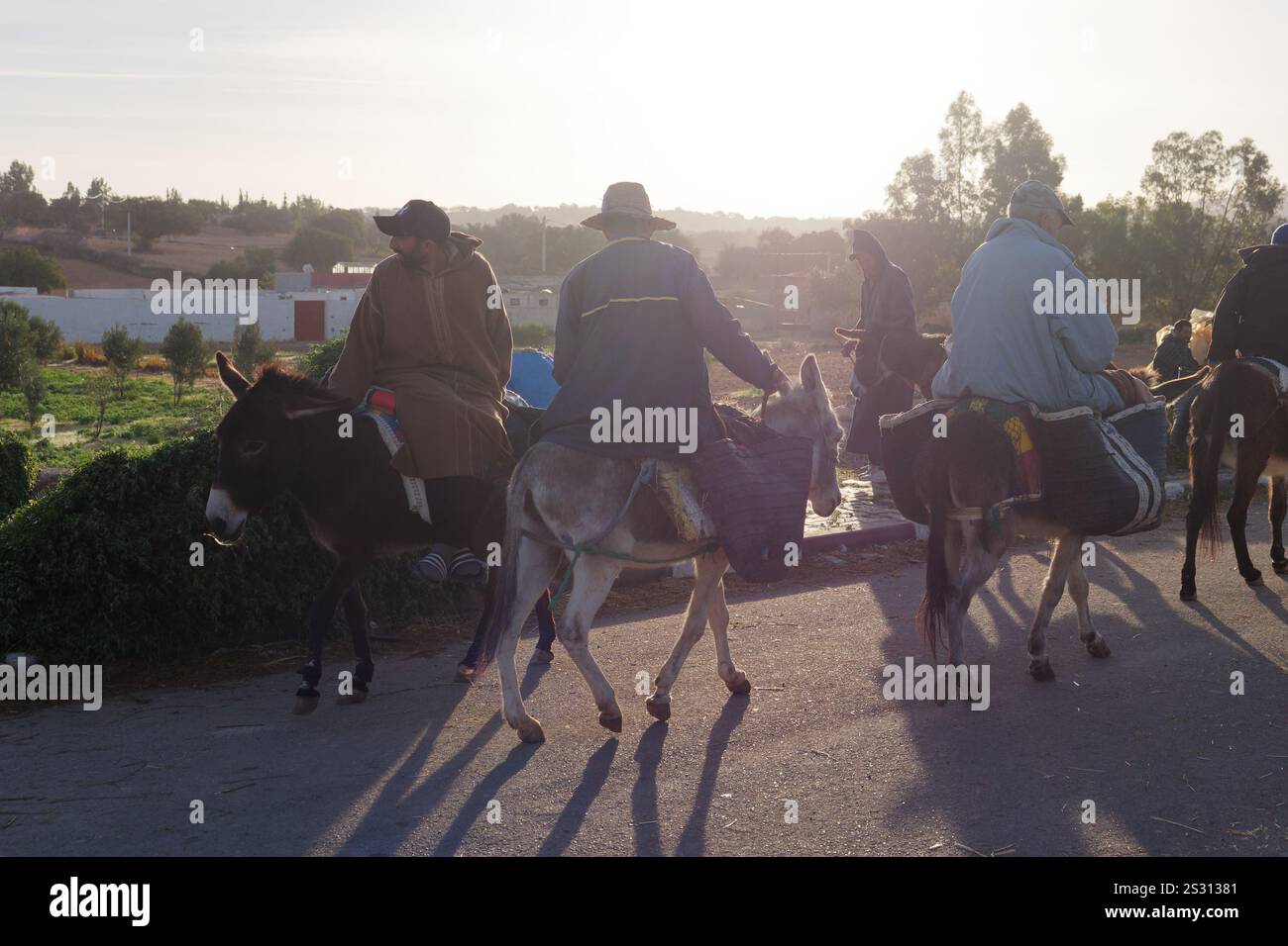 Local men riding donkeys in the town of Souk Larbaa Aguerd (meaning ...