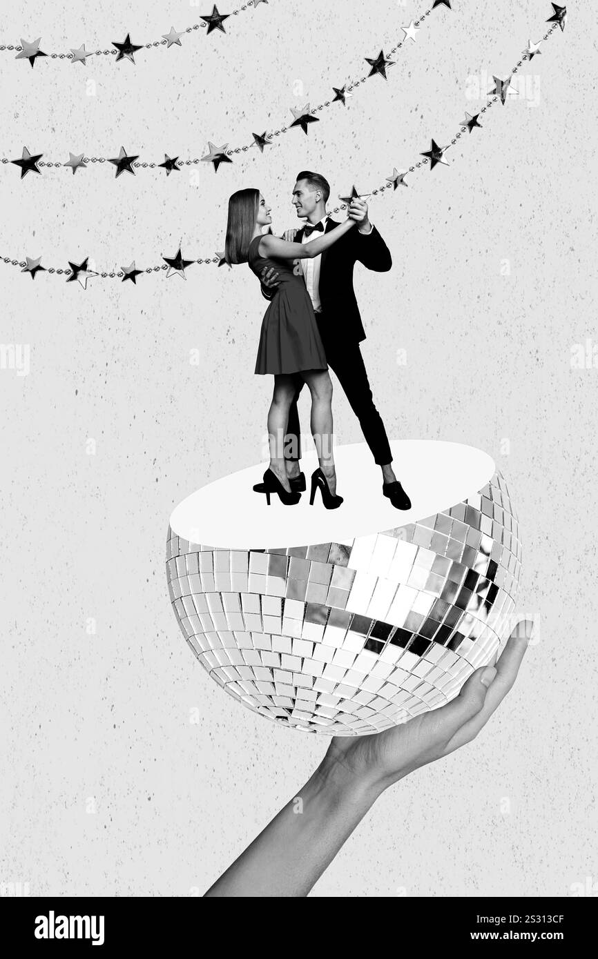 Creative photo collage of young couple wear formal classy suits dancing ...