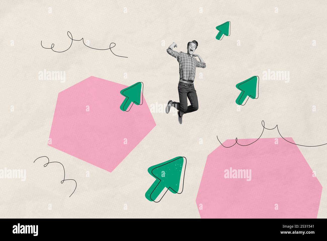 Trend artwork sketch design montage 3D collage of young guy fly excited ...