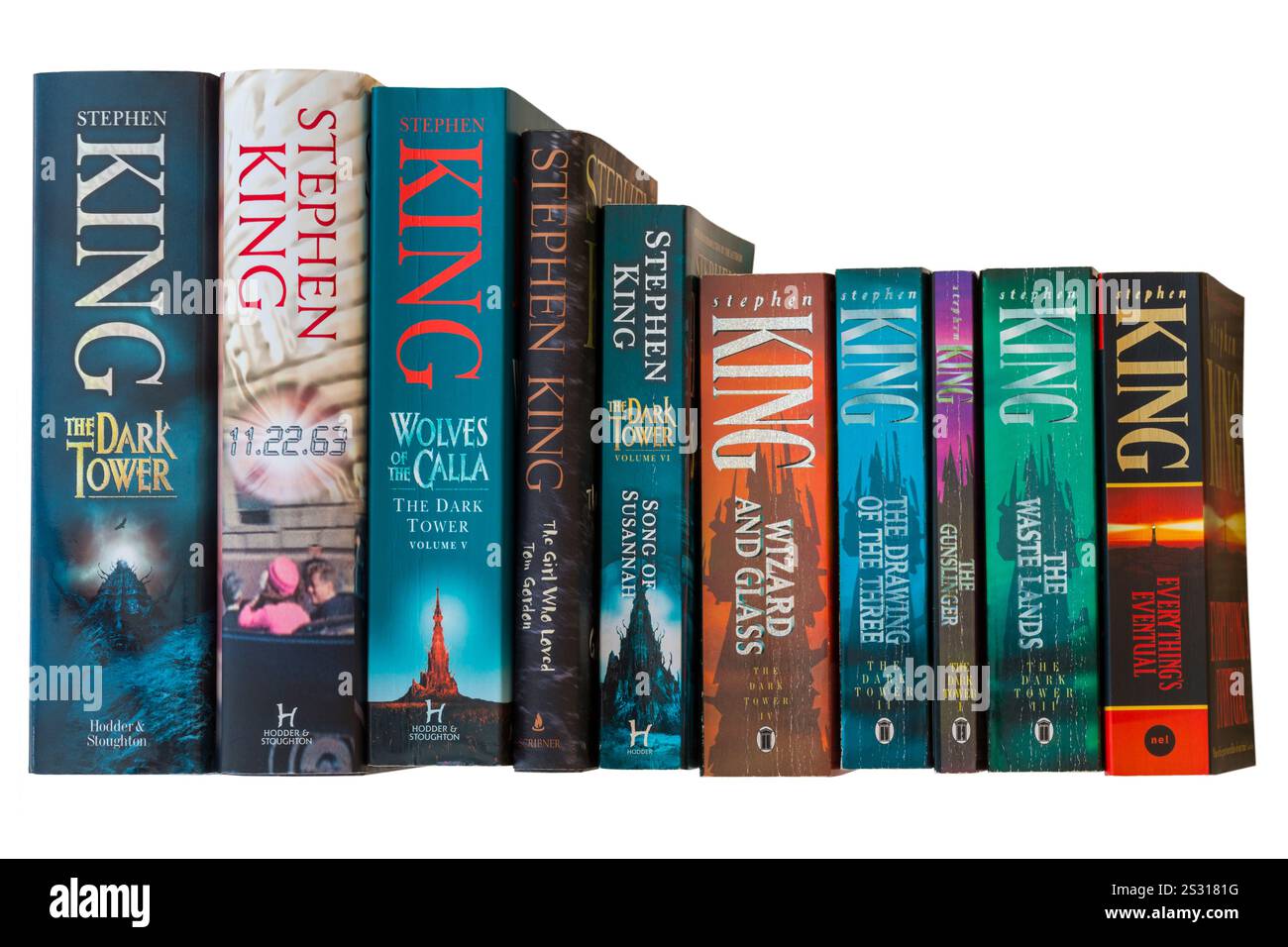 row of Stephen King books showing book spines isolated on white ...