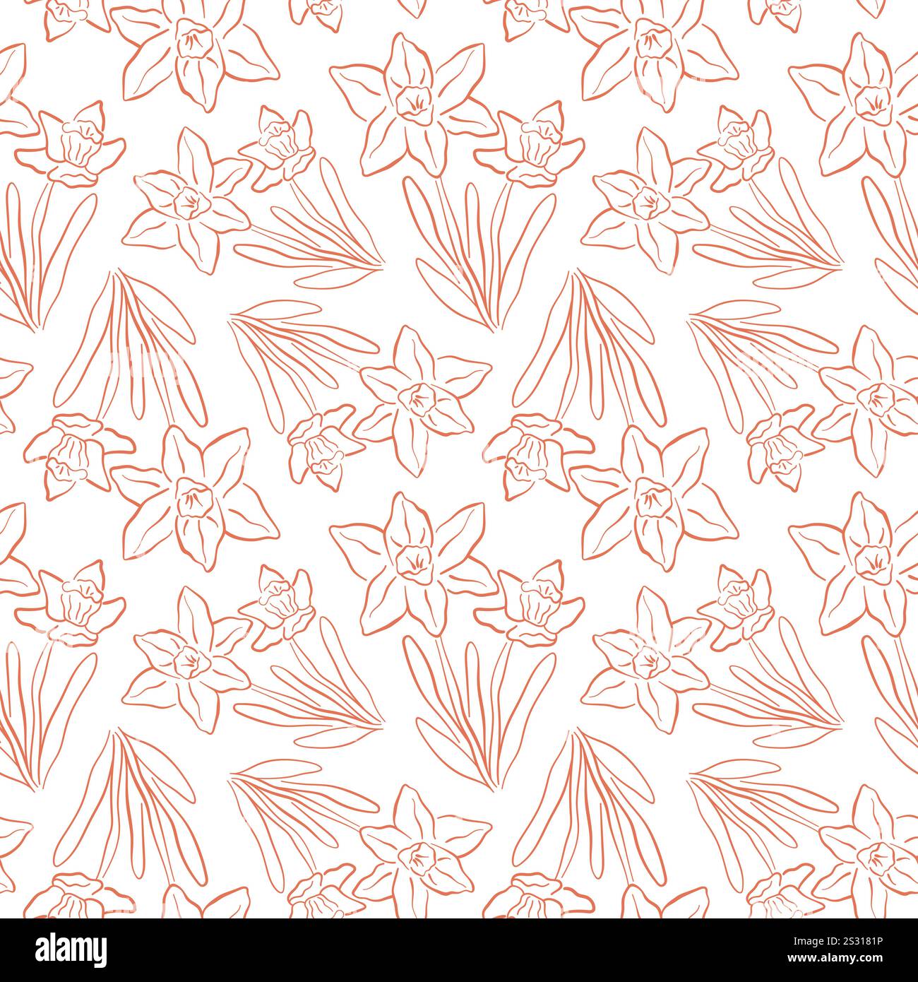 Seamless line pattern with daffodil flowers and leaves in a line art ...