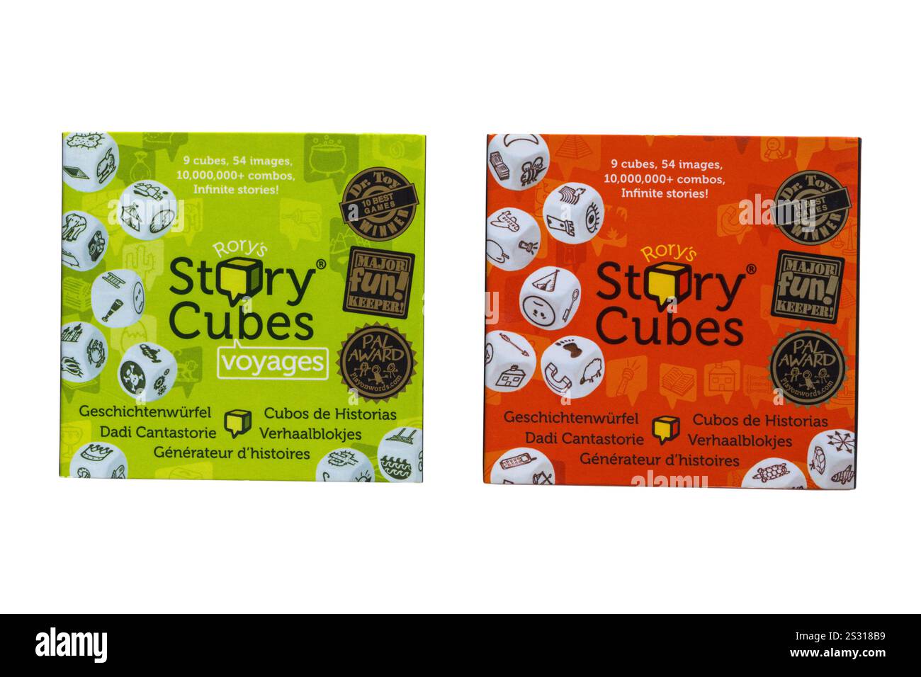 Rorys Story Cubes Classic & Voyages games isolated on white background - storytelling cubes ...