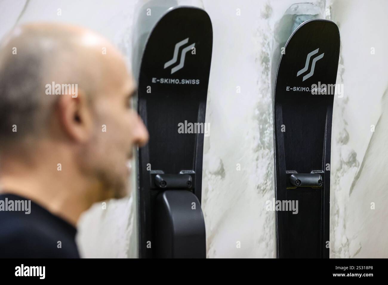 January 7, 2025: A pair of E-Skimo.Swiss skis on display during the ...