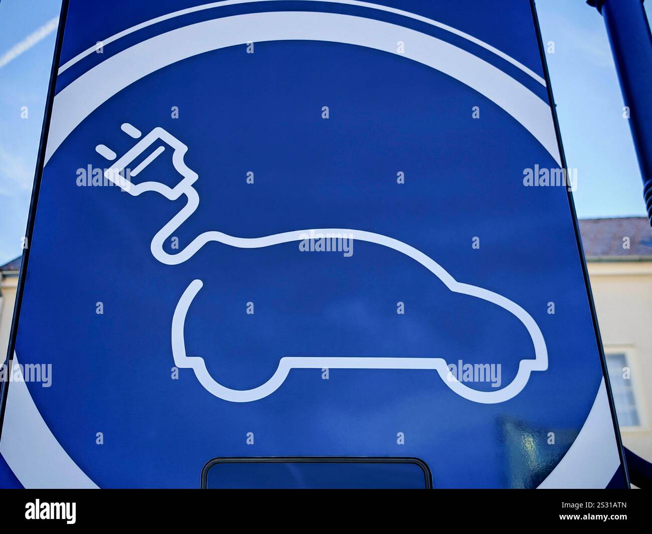 electric vehicle charging station sign, power plug and green mobility ...
