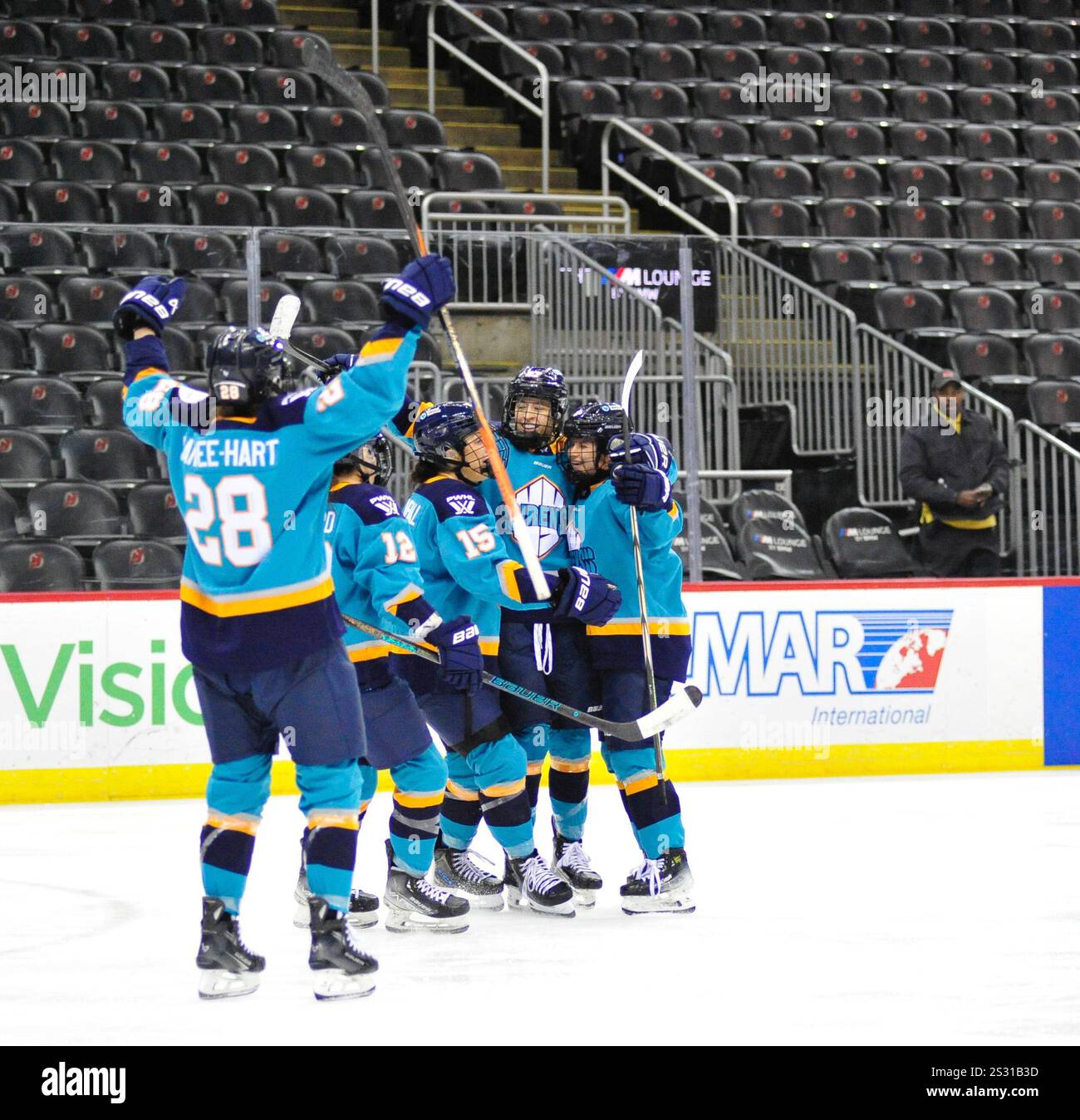 Newark, USA. 07th Jan, 2025. New York Siren players celebrate a goal on ...